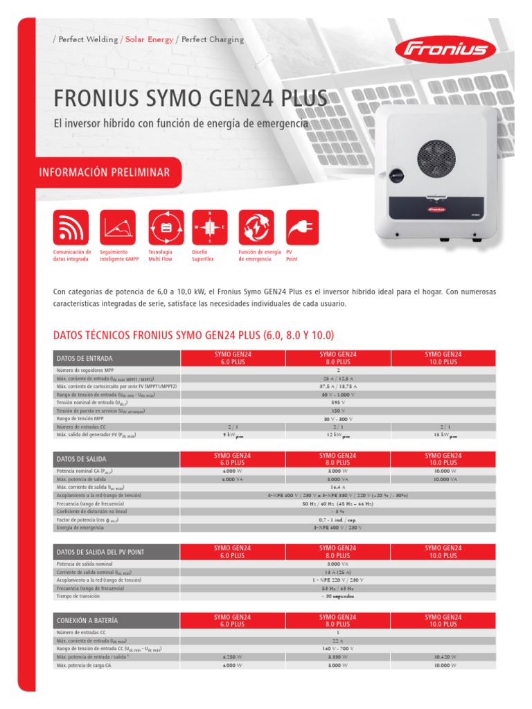 Ficha Técnica Fronius Symo Gen 24 6KW A 10KW | Descargar gratis PDF ...