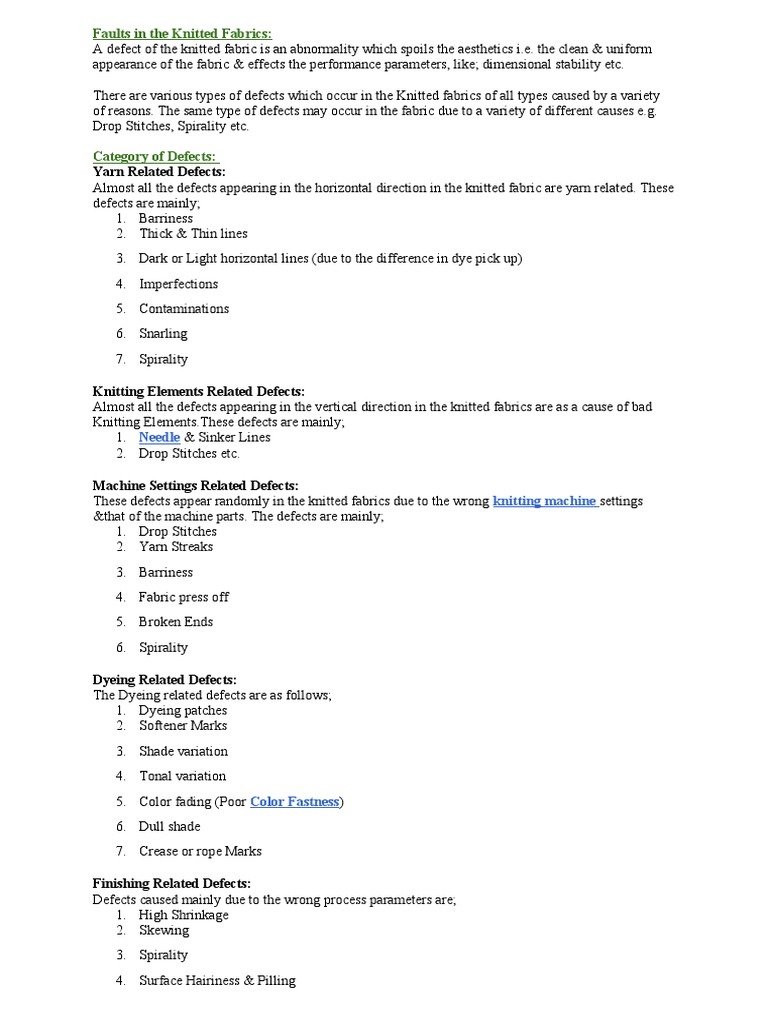 Faults in The Knitted Fabrics | PDF | Knitting | Yarn