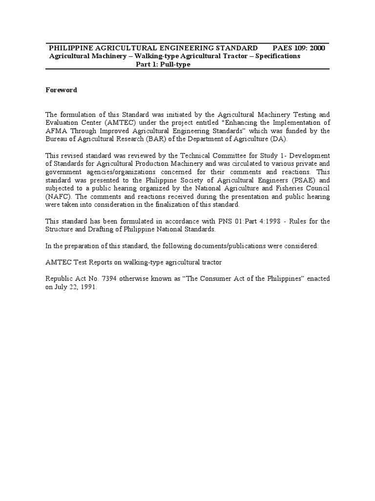 PAES 109 - Part 1 Pull-Type Walking-Type Agricultural Tractor | PDF ...