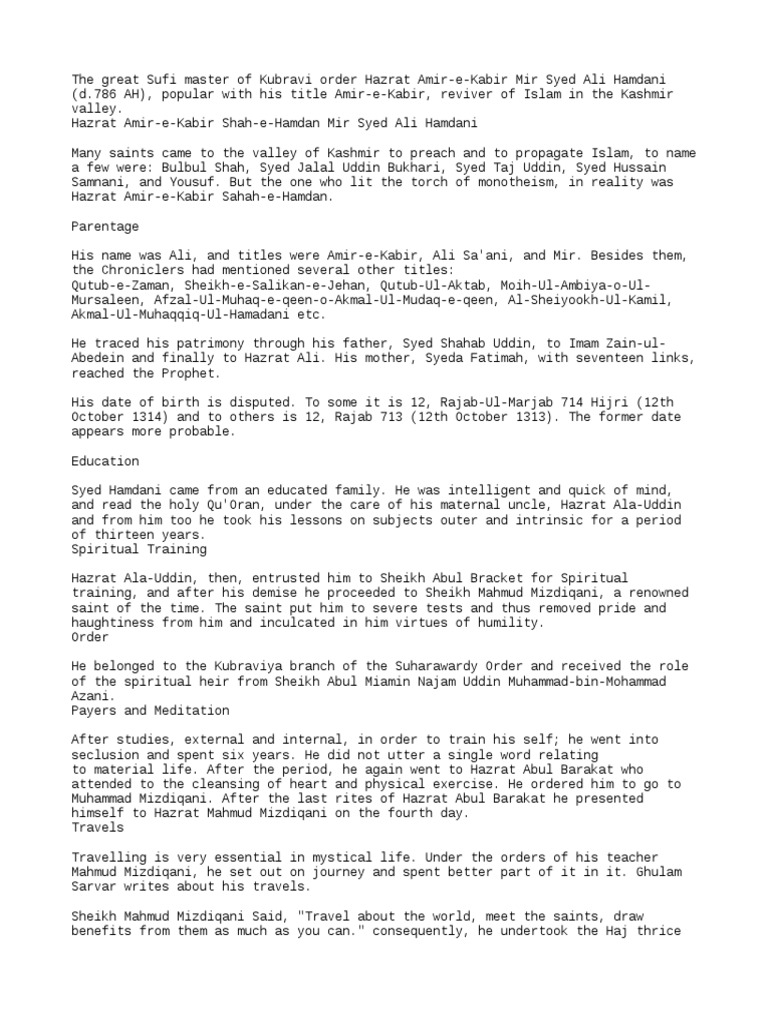 Brief Biography of Mir Syed Ali Hamdani | PDF | Abrahamic Religions ...