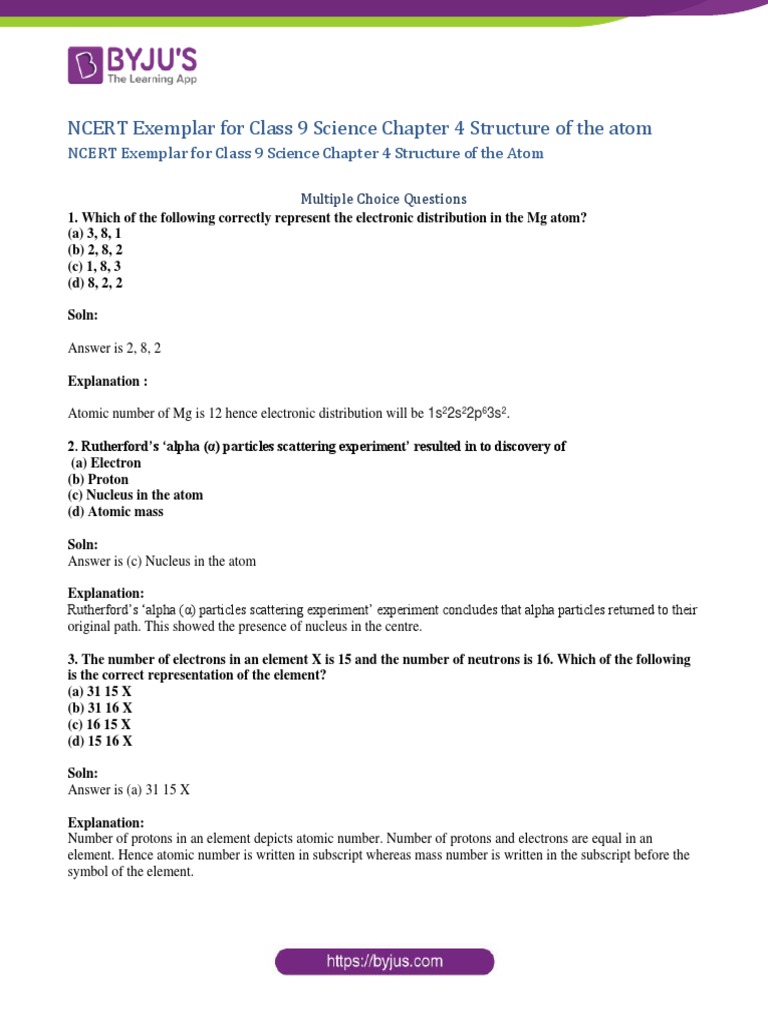 NCERT Exemplar Solution Class 9 Chapter 4 | PDF | Atoms | Atomic Nucleus