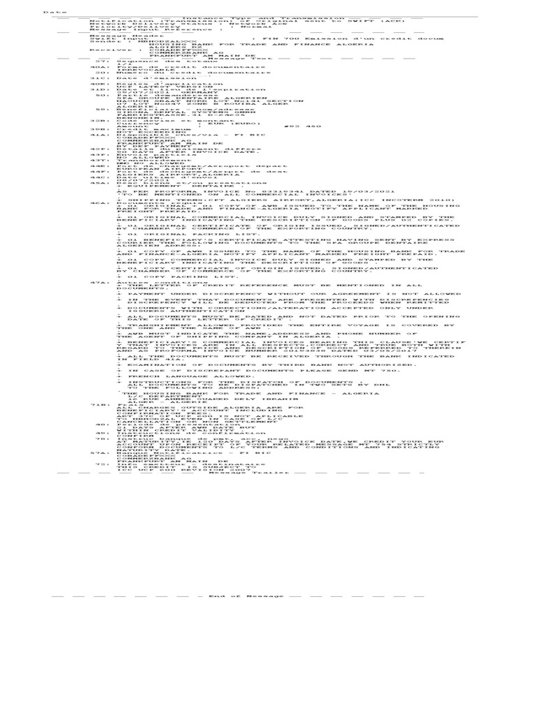 Exemple Swift | PDF | Letter Of Credit | Payments