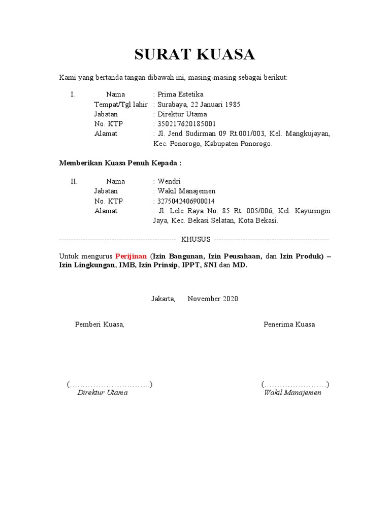 Surat Kuasa Pengurusan Perijinan | PDF