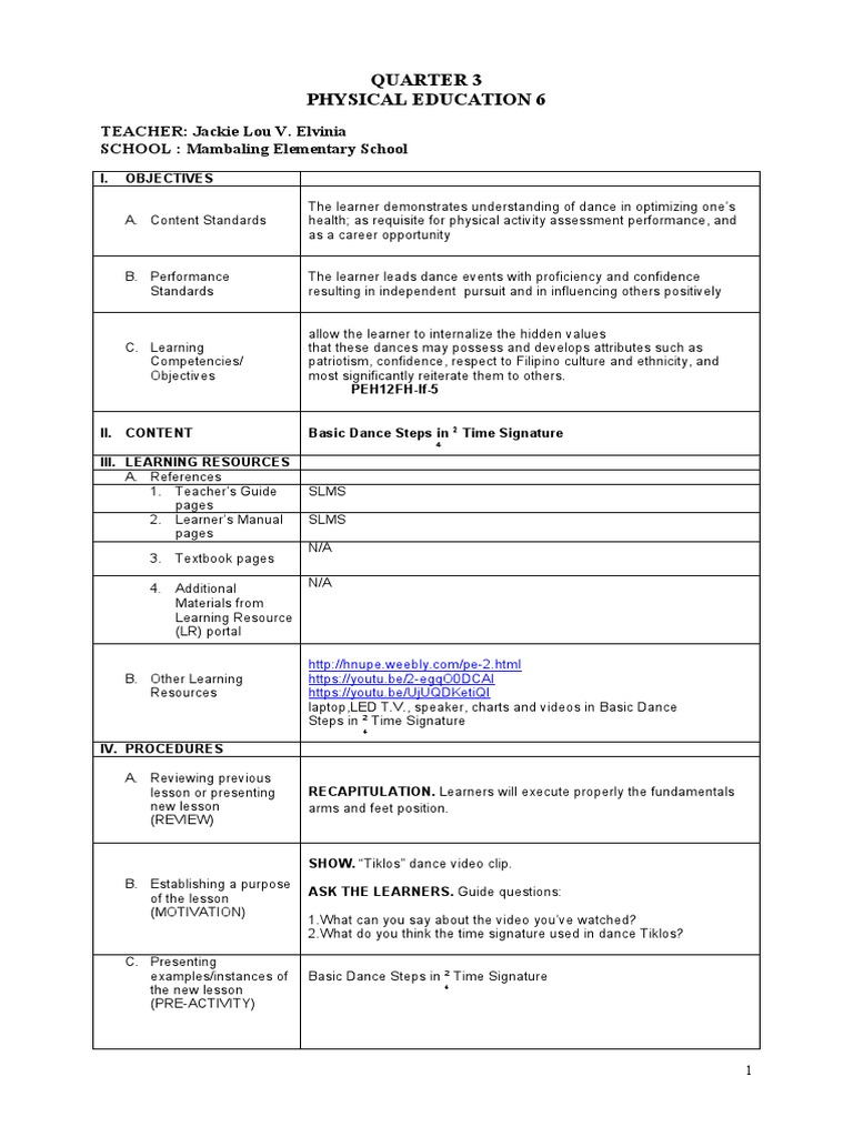 Basic Steps in Folk Dance Semi Detailed Lesson Plan | PDF | Dances ...
