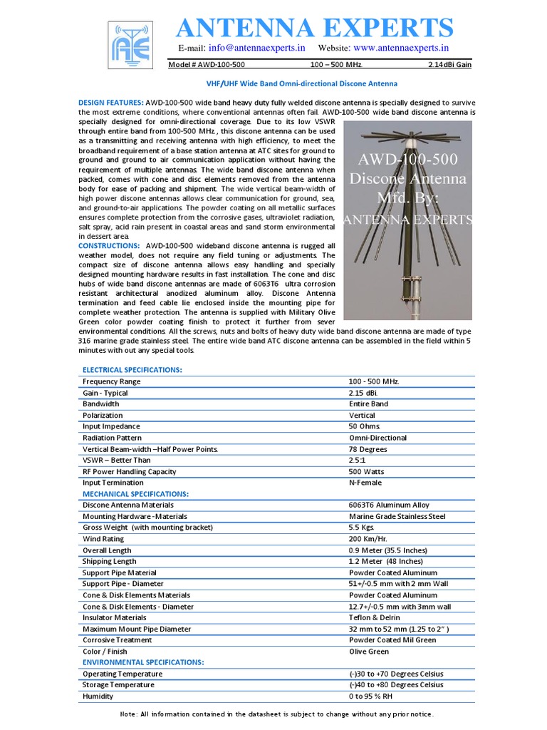 AWD-100-500-Datasheet Antenna Expert | PDF | Antenna (Radio) | Pipe (Fluid Conveyance)