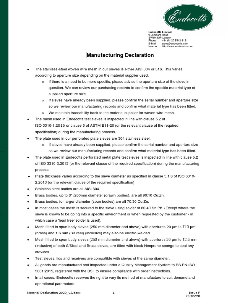 Info Material Declaration Endecotts | Download Free PDF | Specification ...