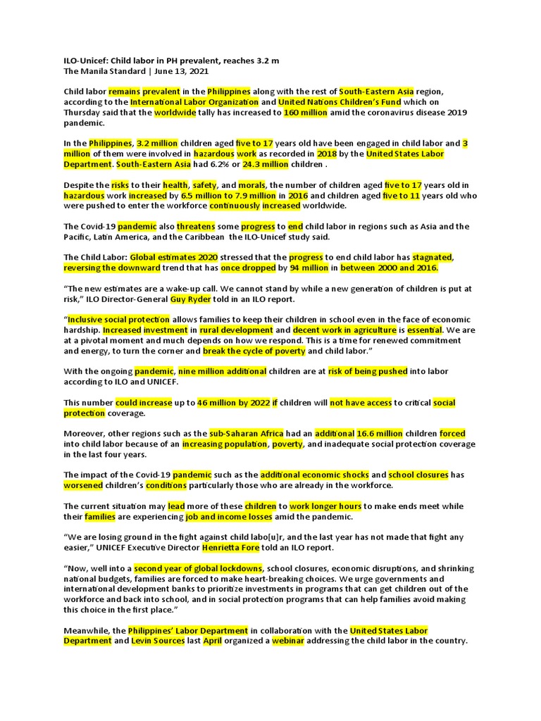 ILO-Unicef: Child Labor in PH Prevalent, Reaches 3.2 M | PDF | Child ...