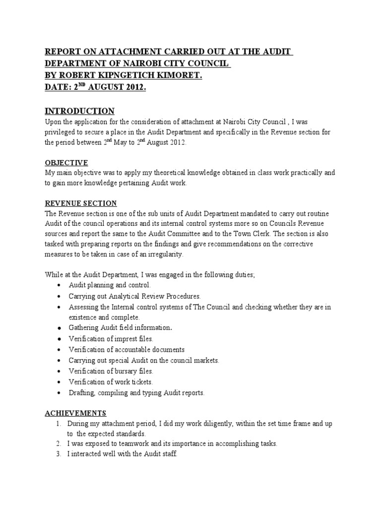 Report On Attachment Carried Out at The Audit Department | PDF