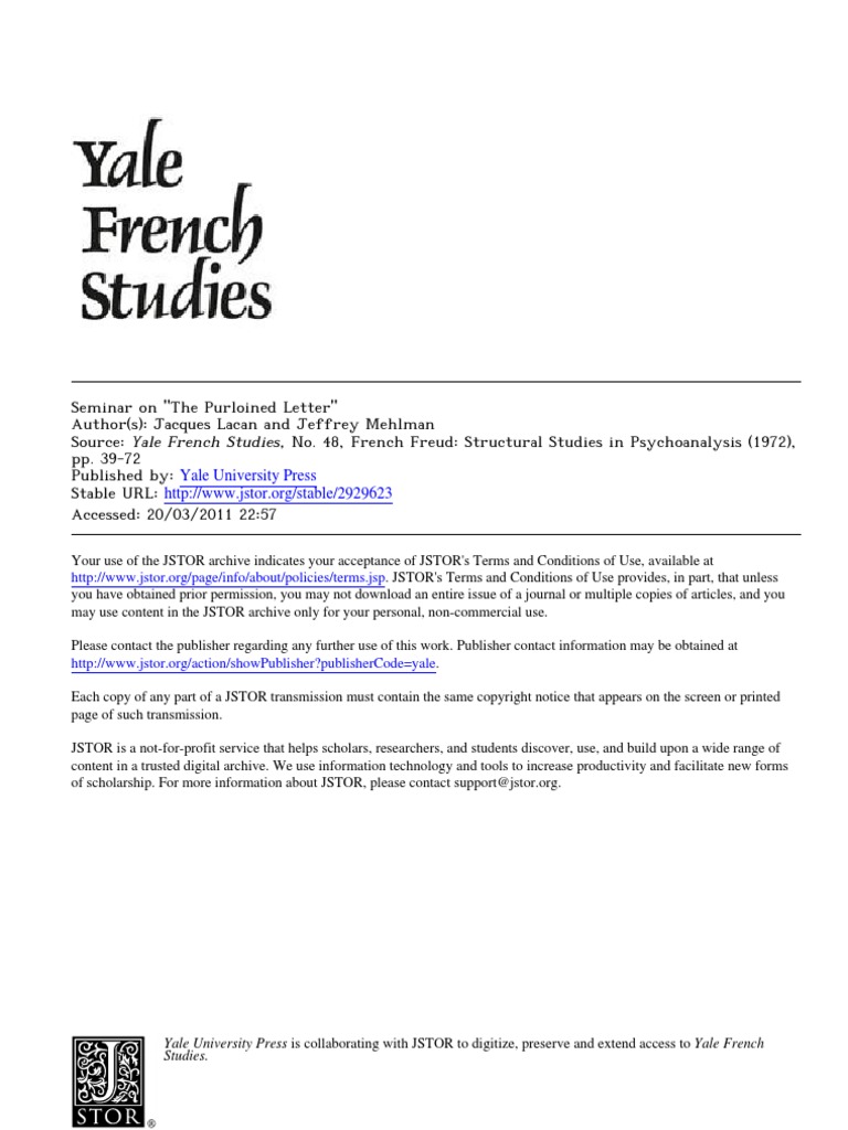 Seminar On Purloined Letter | PDF | Jacques Lacan | Publishing
