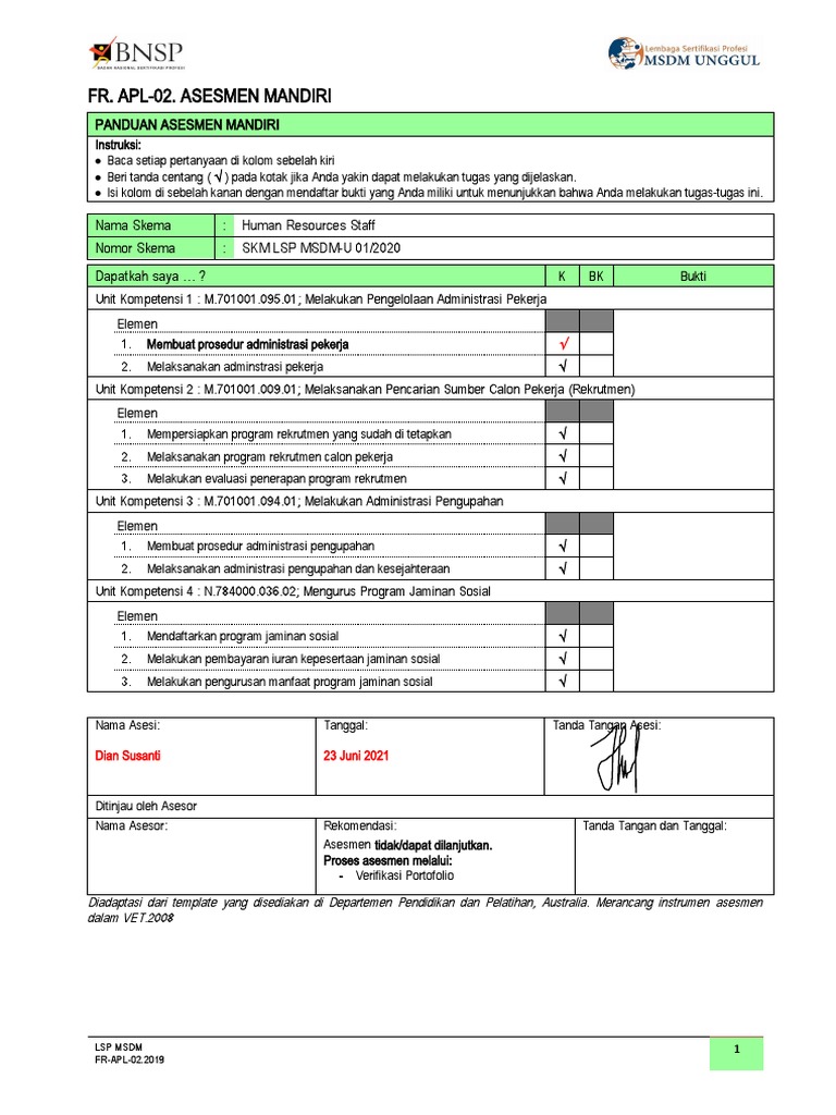 Contoh Pengisian 02. APL-02 - Staf SDM | PDF