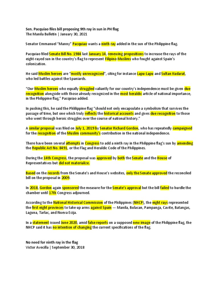 Sen. Pacquiao Files Bill Proposing 9th Ray in Sun in PH Flag | Download ...