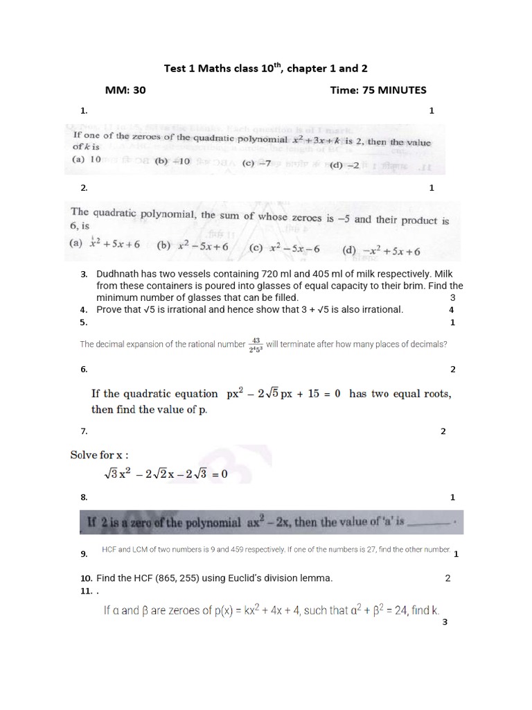 Test 1 Maths Class 10, Chapter 1 and 2 MM: 30 Time: 75 MINUTES | PDF