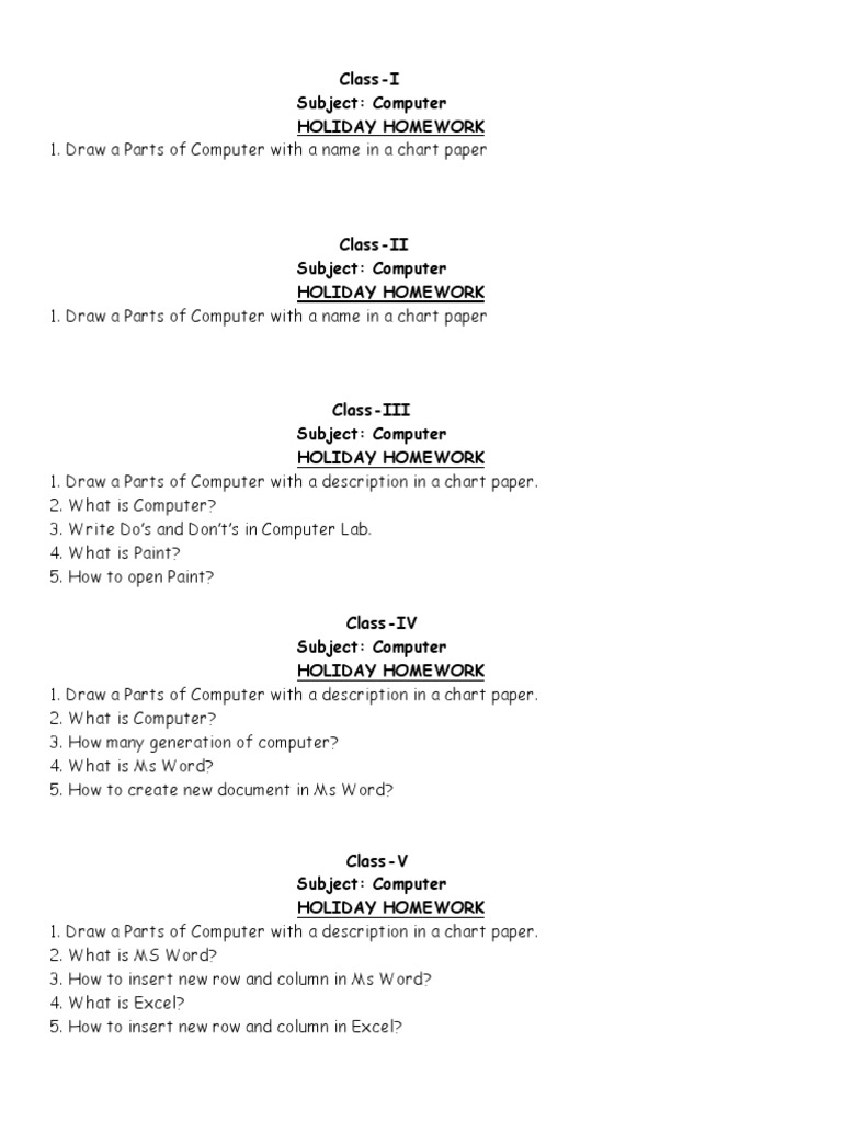 Class-I Subject: Computer Holiday Homework | PDF