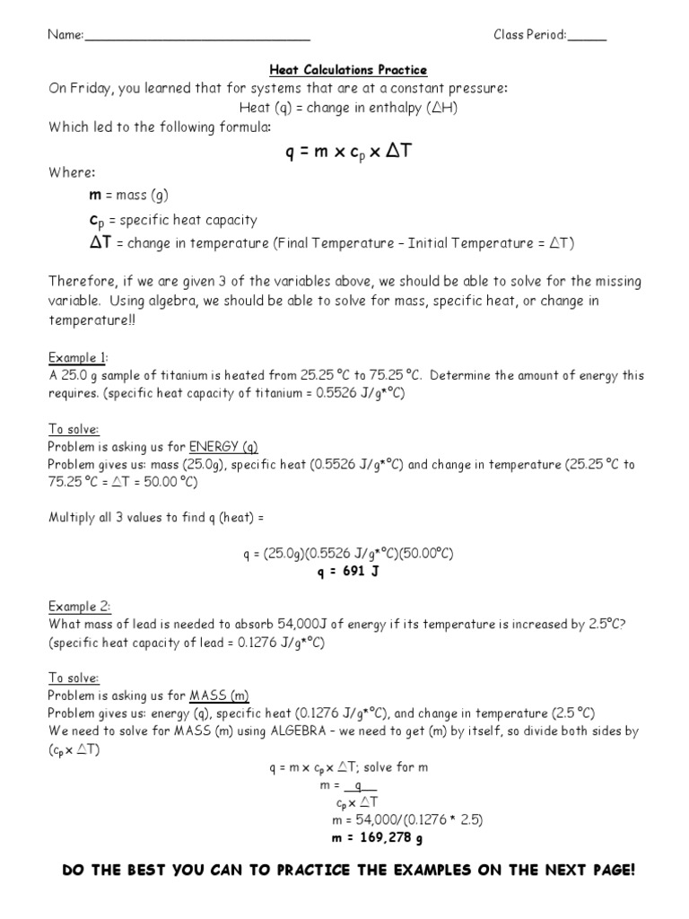 Heat Calculations Practice Worksheet | PDF | Heat Capacity | Heat