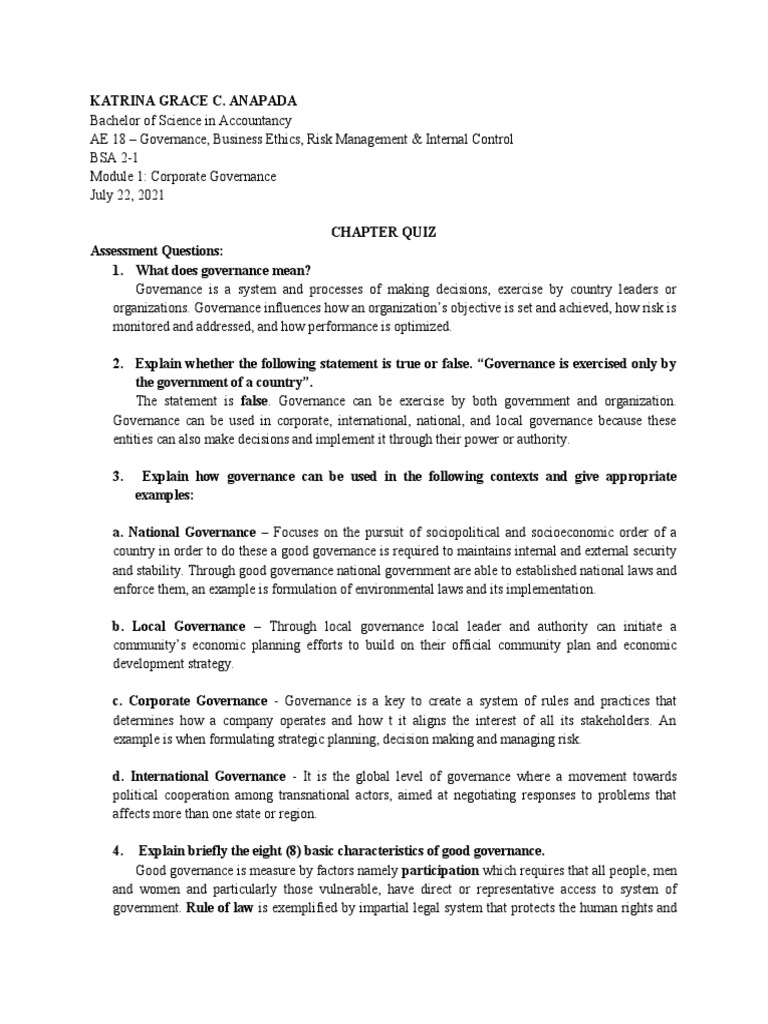 MODULE 1-Chapter Quiz | PDF | Governance | Corporate Governance
