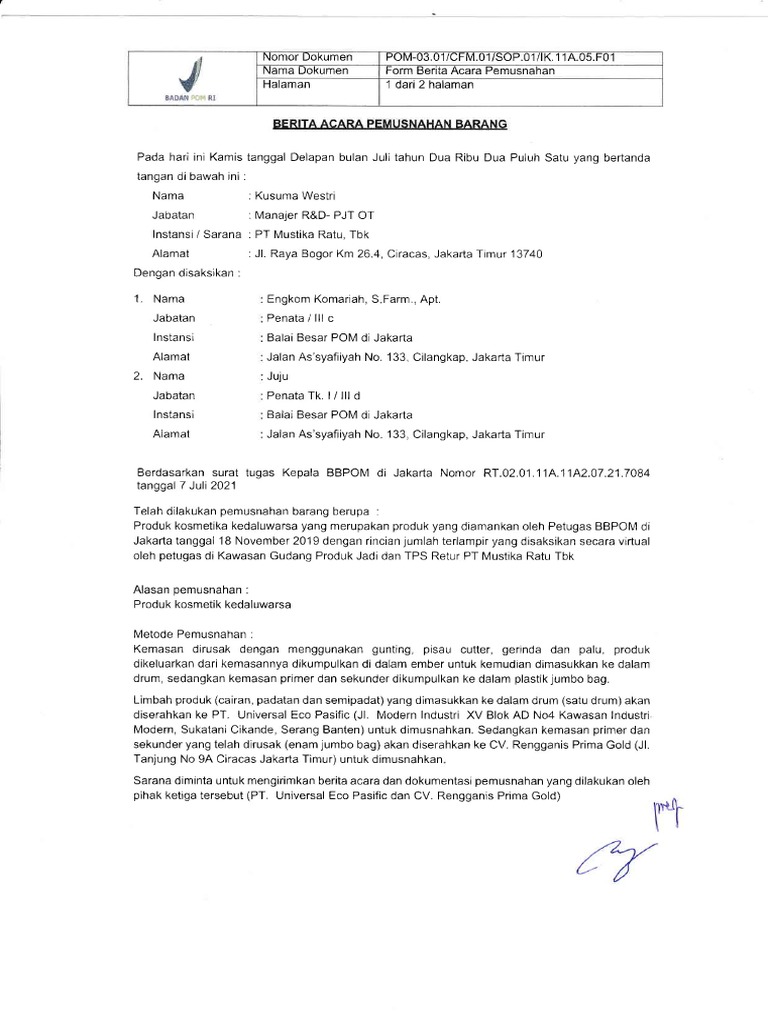 BAP Pemusnahan Barang - 20210708 | PDF