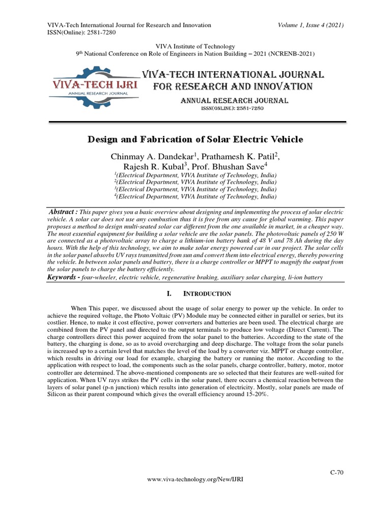 Design and Fabrication of Solar Electric Vehicle | PDF | Photovoltaics ...