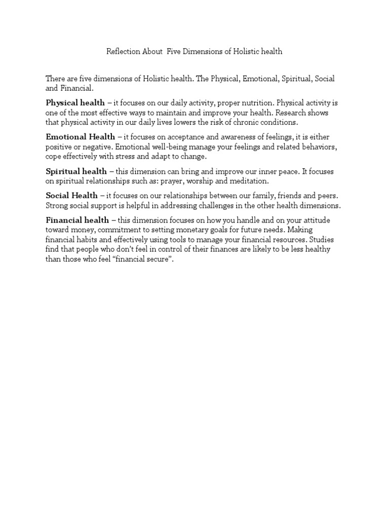 REFLECTION ABOUT Five Dimensions of Holistic Health | PDF