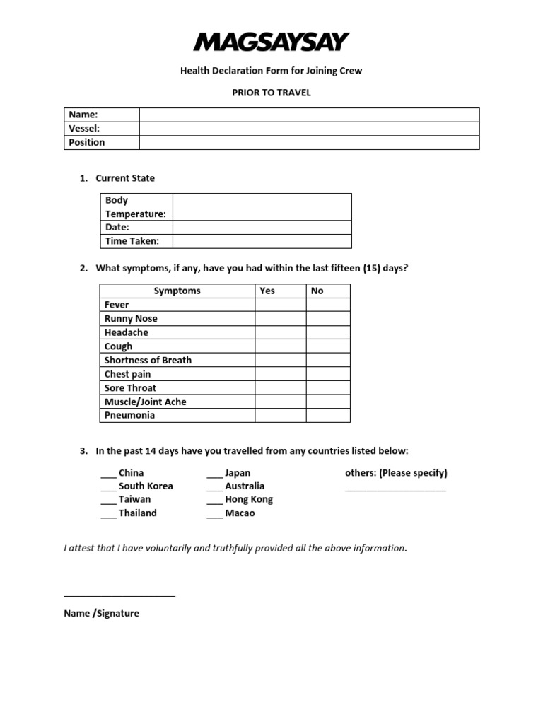 Health Declaration Form For Joining Crew 1 | PDF