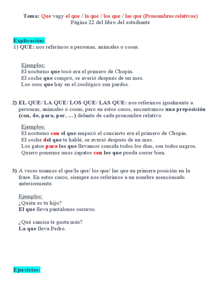 Pronombres Relativos: Ejemplos y Ejercicios | PDF | Estudios de idiomas ...