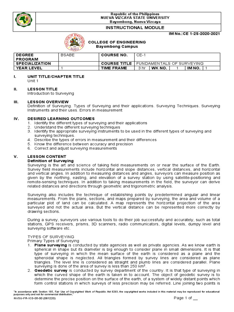 Survey Module 1 Introduction To Surveying Im-Format | PDF | Surveying ...