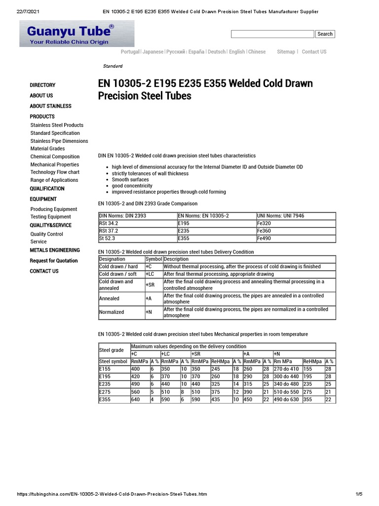 EN 10305-2 E195 E235 E355 Welded Cold Drawn Precision Steel Tubes | PDF ...