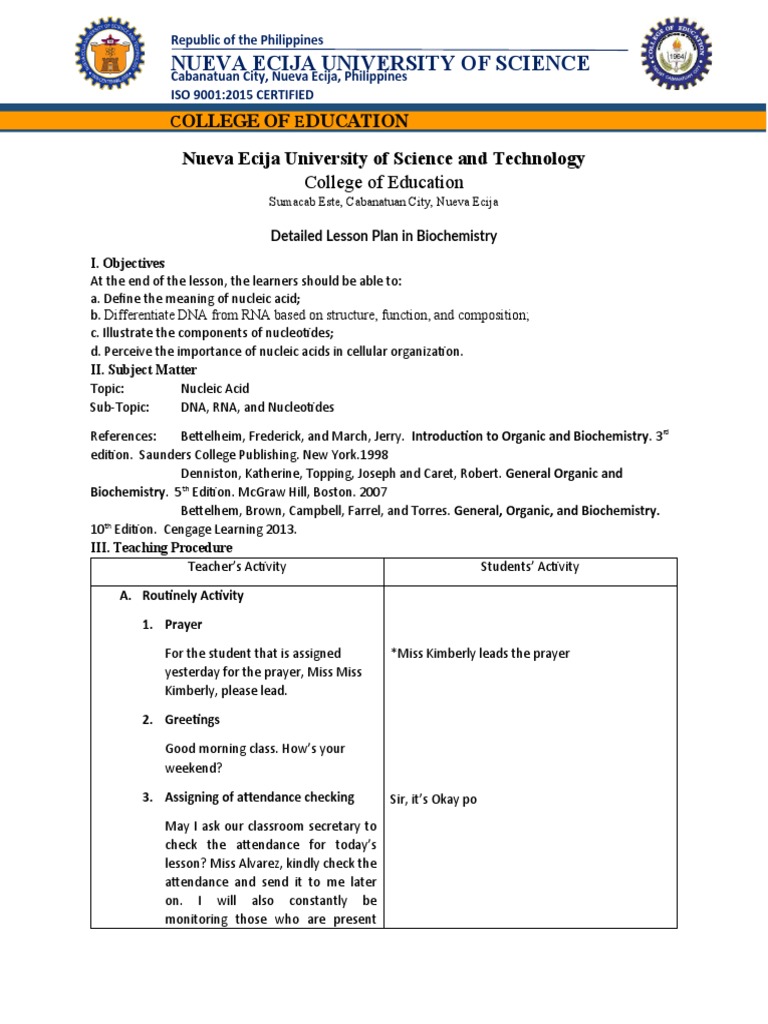 Biochemistry Lesson Plan | PDF | Nucleotides | Nucleic Acids