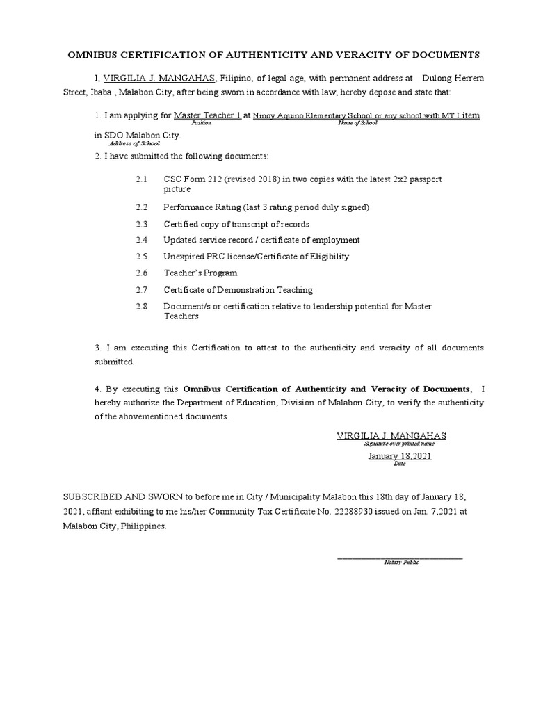 Omnibus Certification of Authenticity and Veracity of Documents Mam ...