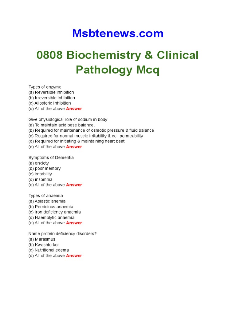 Biochemistry and Clinical Pathology D Pharmacy MCQ PDF | PDF ...