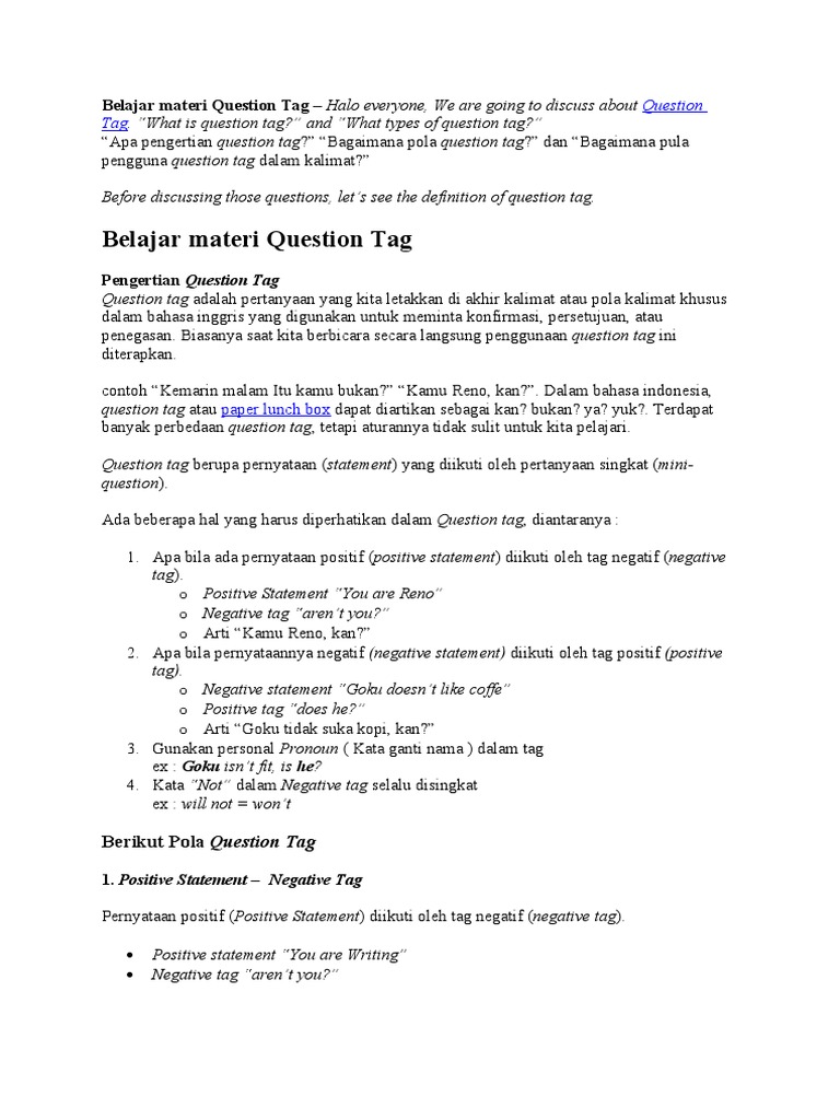 Belajar Materi Question Tag | PDF