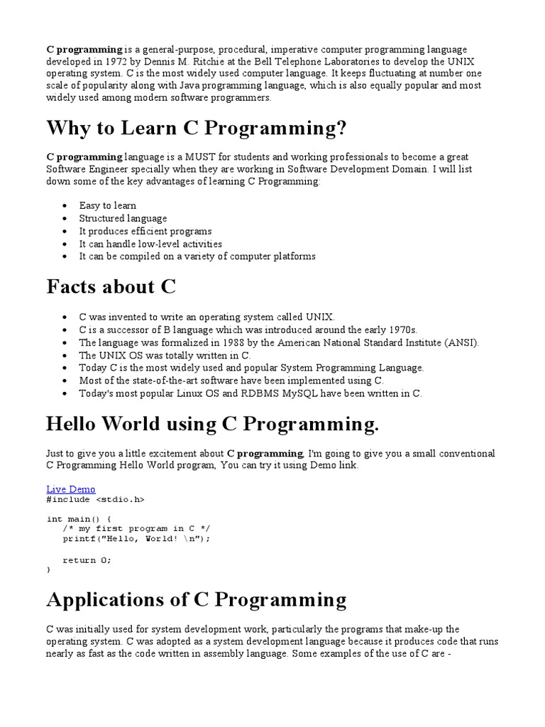C Programming Is A General Pdf C Programming Language Computer