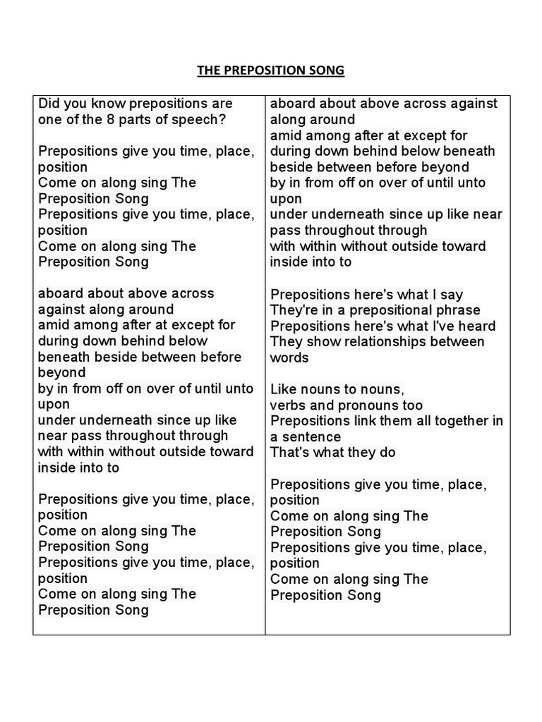 Preposition List Song