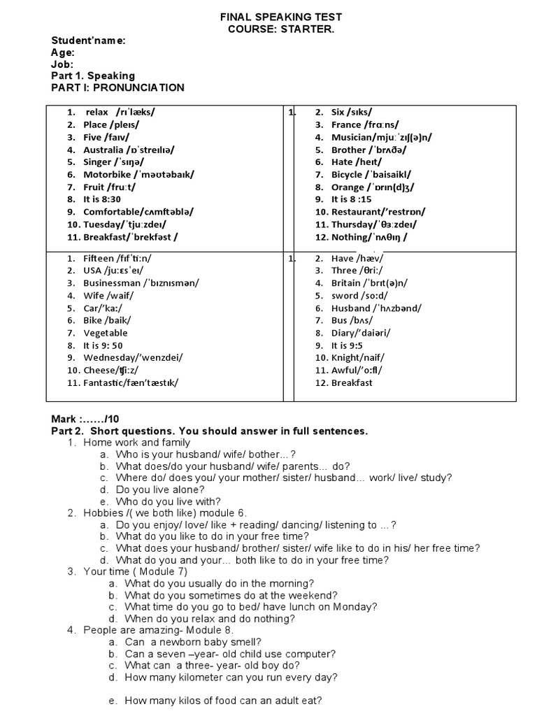 Final Speaking Test | PDF