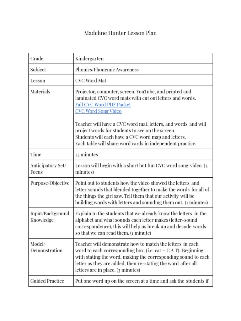 Madeline Hunter Lesson Plan | PDF | Teaching | Behavior Modification