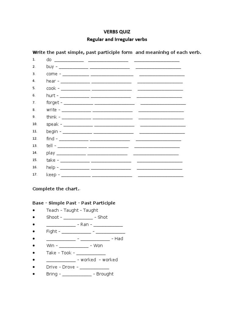 Verbs Quiz Regular and Irregular Verbs: Write The Past Simple, Past ...