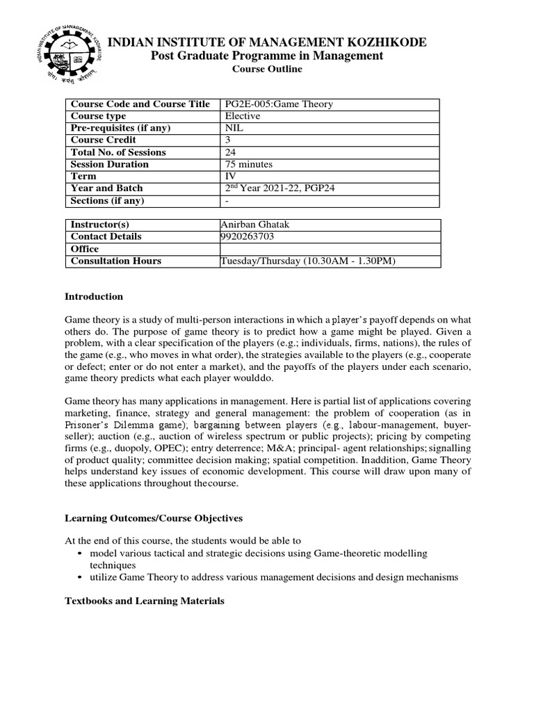 Game Theory Course Syllabus | PDF | Game Theory | Economics Of Uncertainty