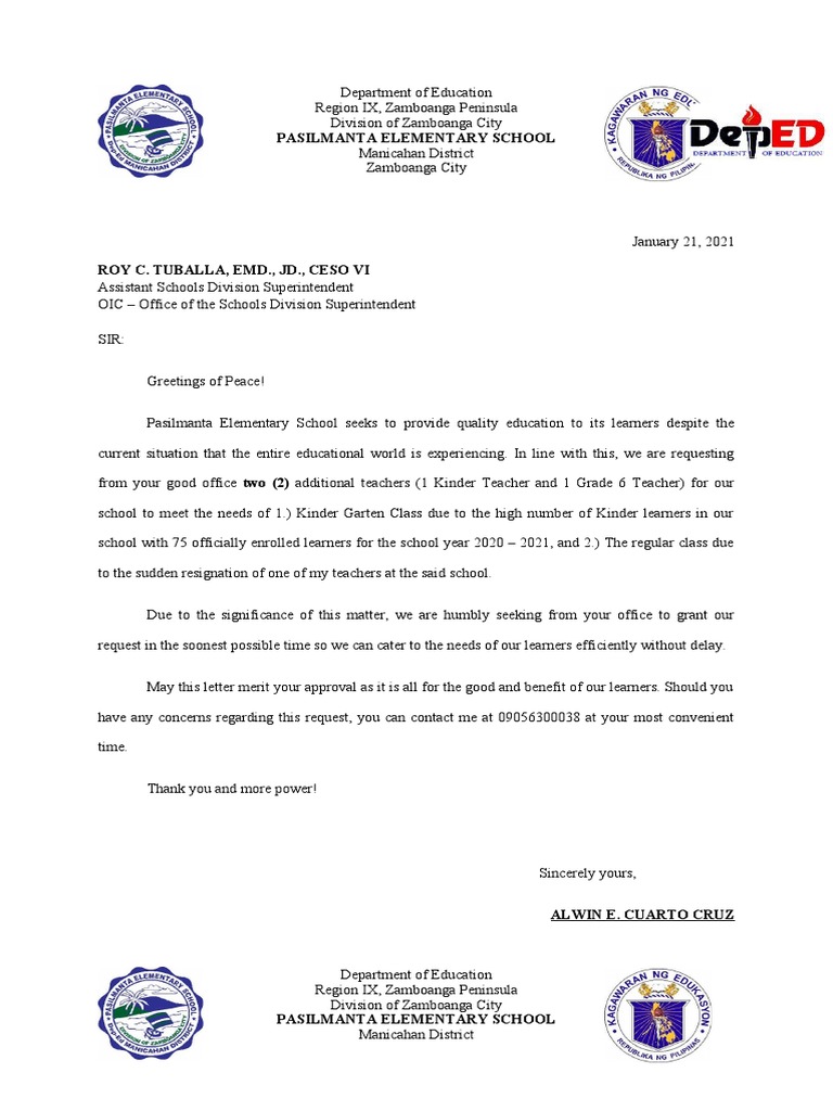 Letter of Request of Teacher | PDF | Further Education