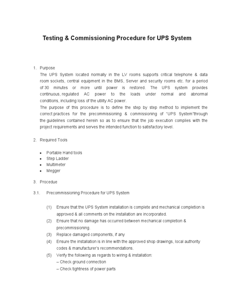 Testing And Commissioning Of Ups System Method Statement Pdf Power