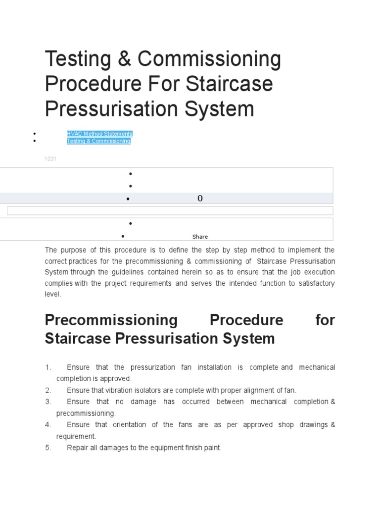 Testing And Commissioning Procedure For Staircase Pressurisation System Pdf