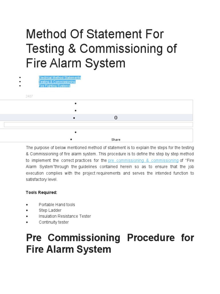 Method Of Statement For Testing And Commissioning Of Fire Alarm System Pdf