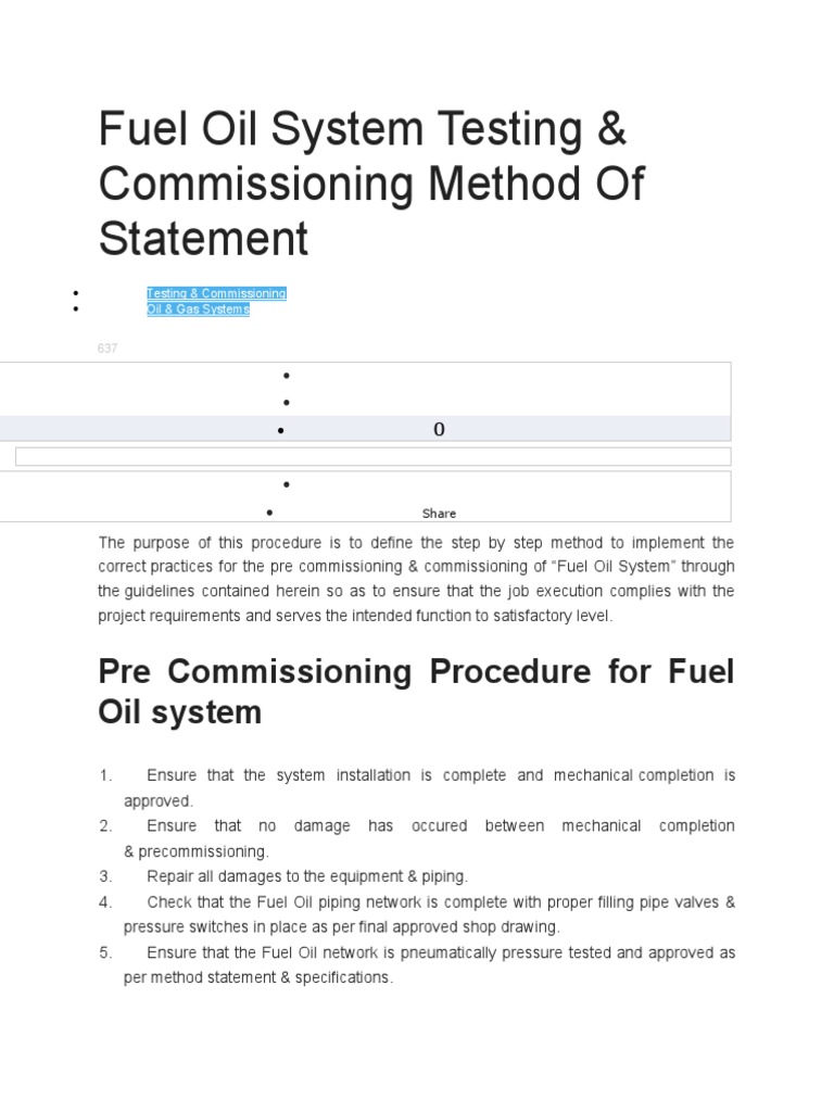 Fuel Oil System Testing And Commissioning Method Of Statement Web Pdf
