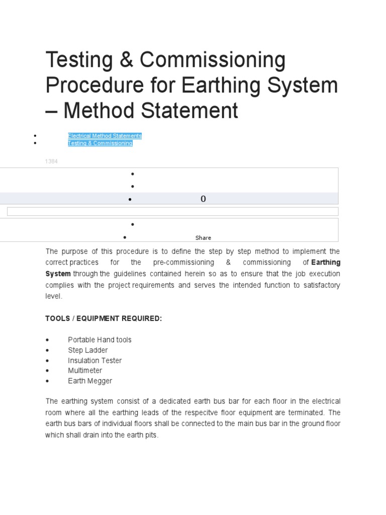 Testing And Commissioning Procedure For Earthing System Method Statement Pdf