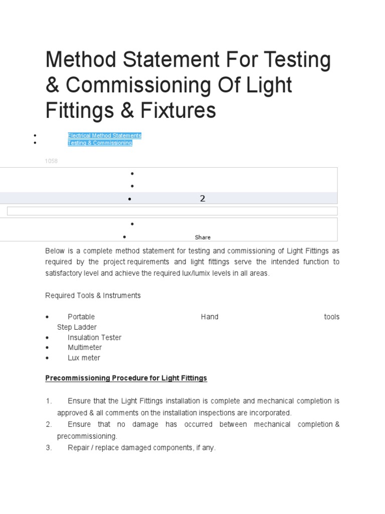 Method Statement For Testing & Commissioning of Light Fittings ...