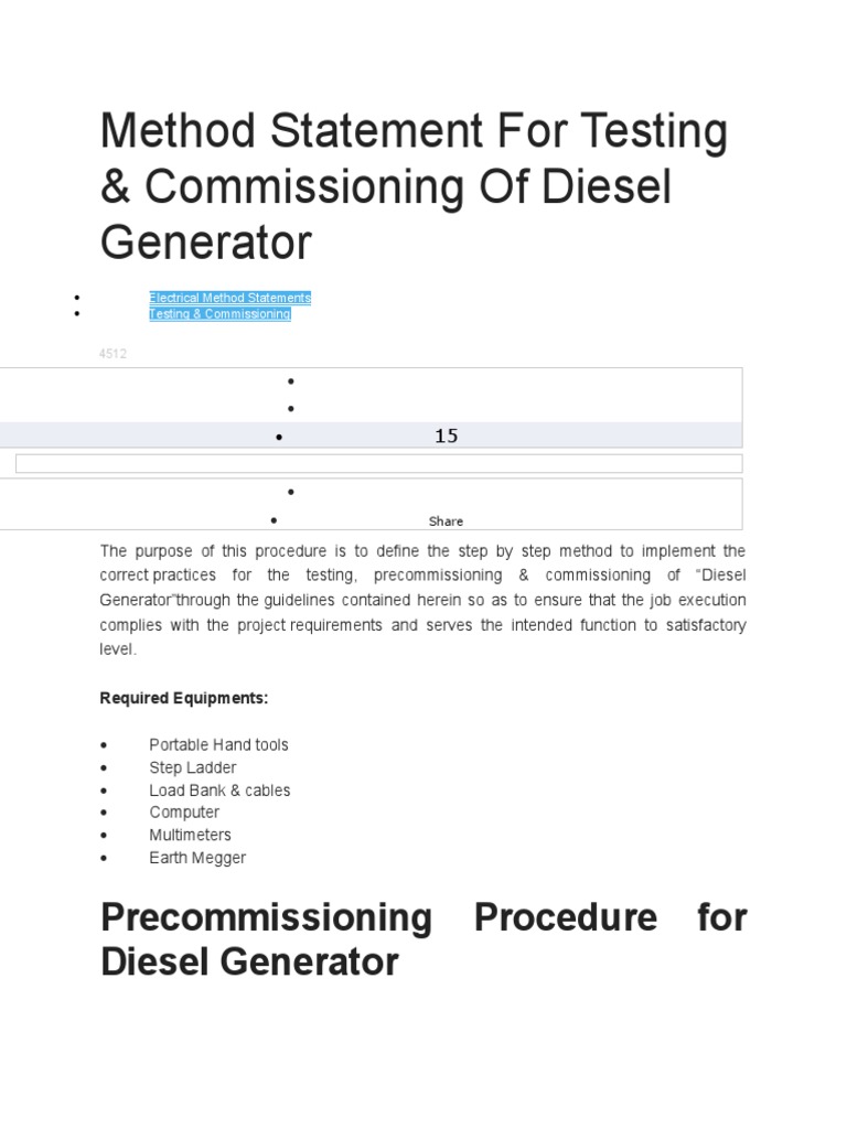 Method Statement For Testing & Commissioning of Diesel Generator | PDF