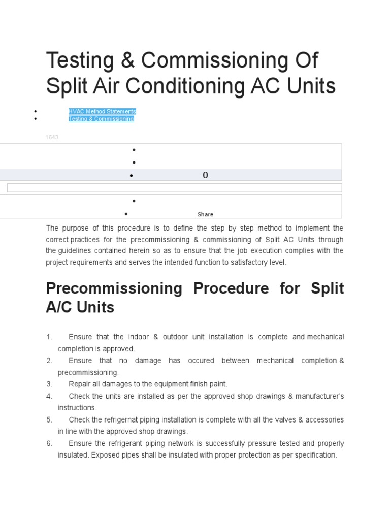 Testing And Commissioning Of Split Air Conditioning Ac Units Pdf