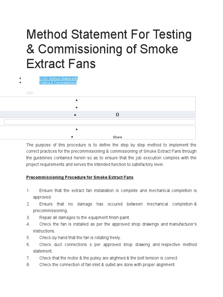 Method Statement For Testing & Commissioning of Smoke Extract Fans | PDF