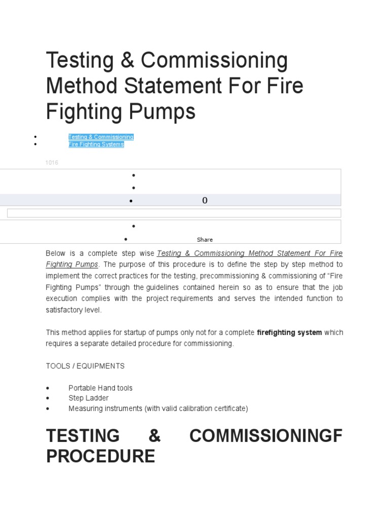 Testing & Commissioning Method Statement For Fire Fighting Pumps | PDF