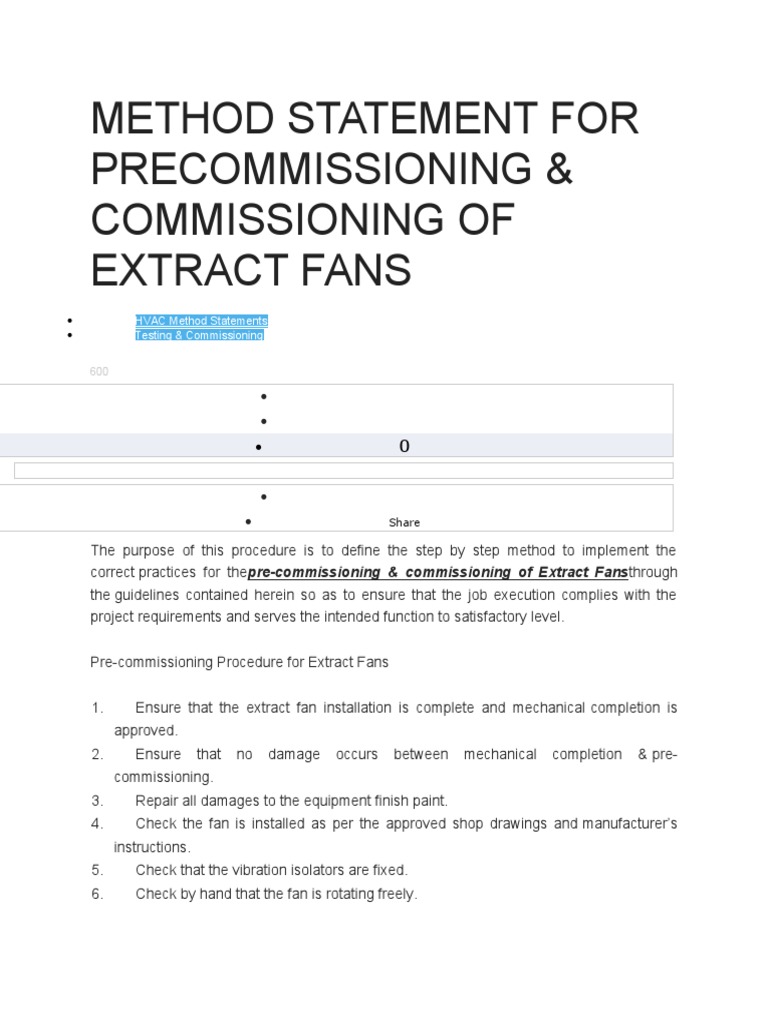 Extract Fans Commissioning Method Statement | PDF