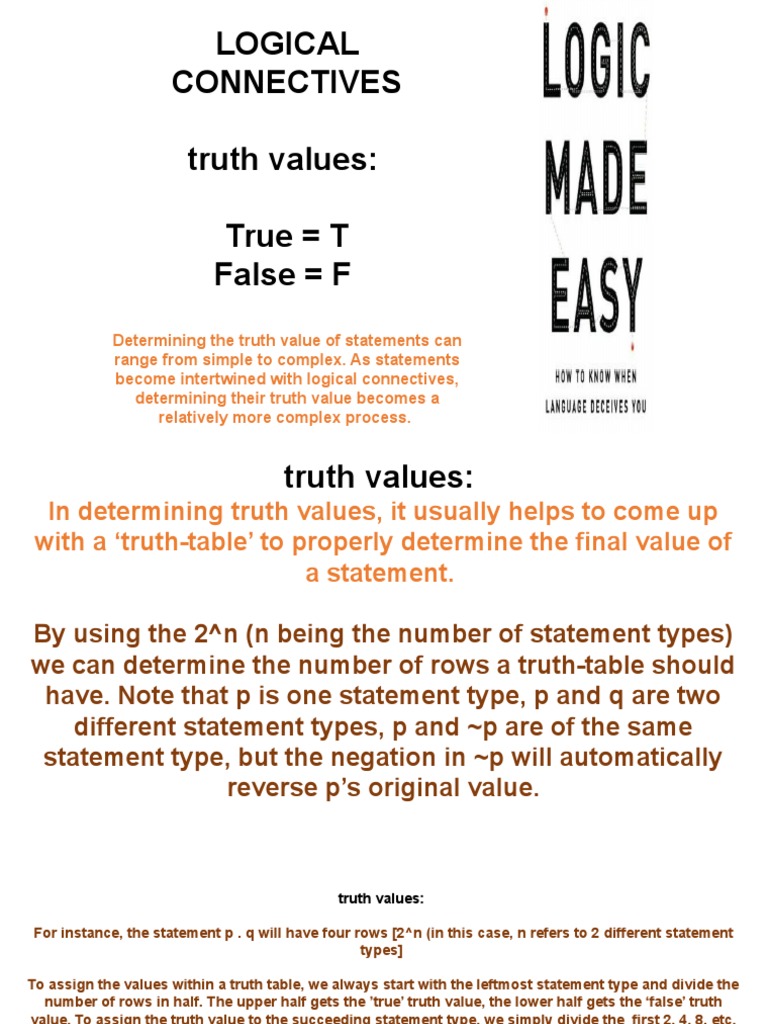 Logical Connectives Truth Values: True T False F | PDF | If And Only If | Logic
