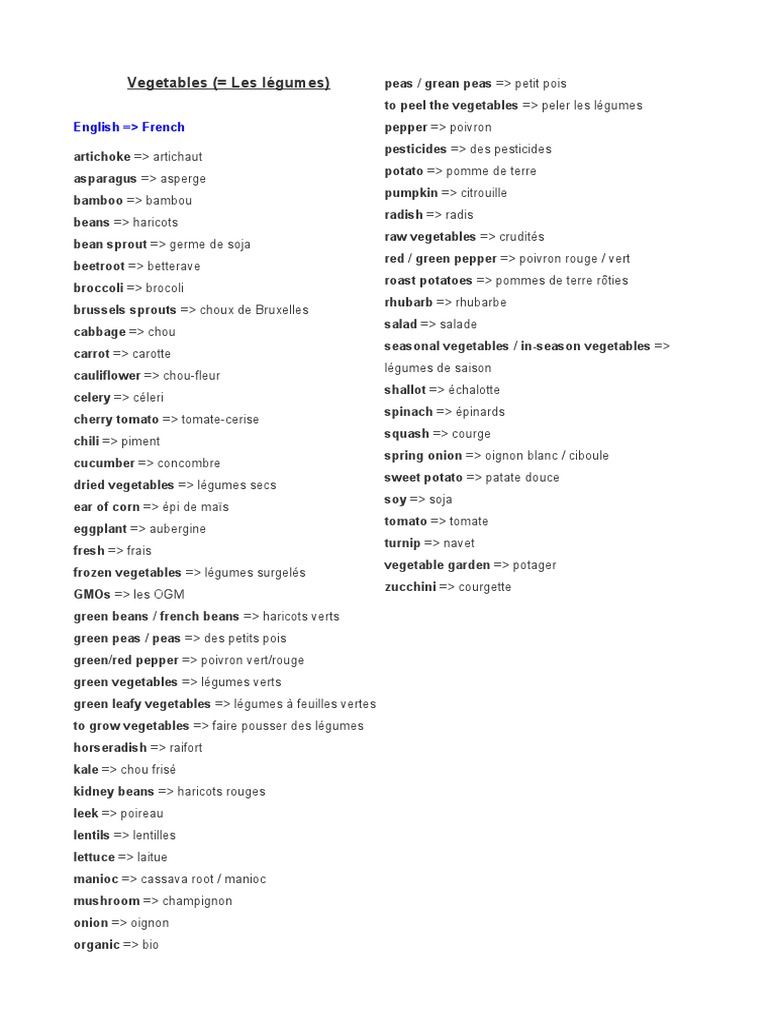 The Basics of French Vegetables List | PDF | Vegetables | Food Ingredients